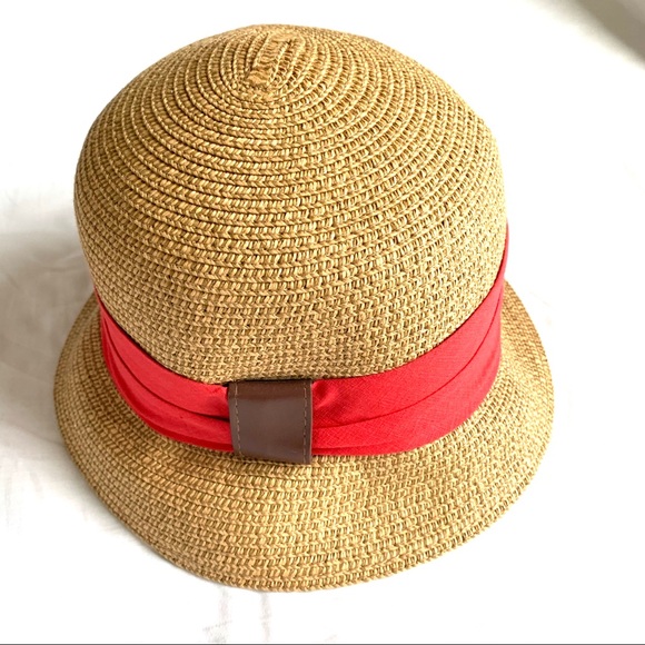 Accessories | Euc Straw Bowler Hat With Wide Red Ribbon | Poshmark